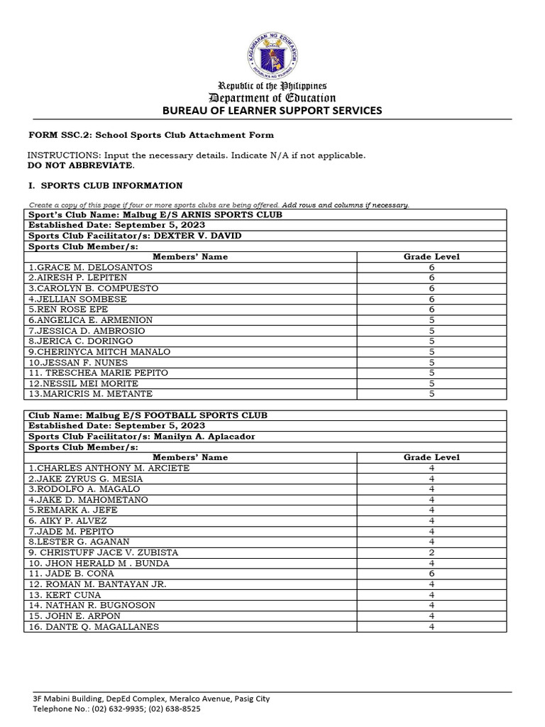 FORM SSC.2 School Sports Club Attachment Form | PDF