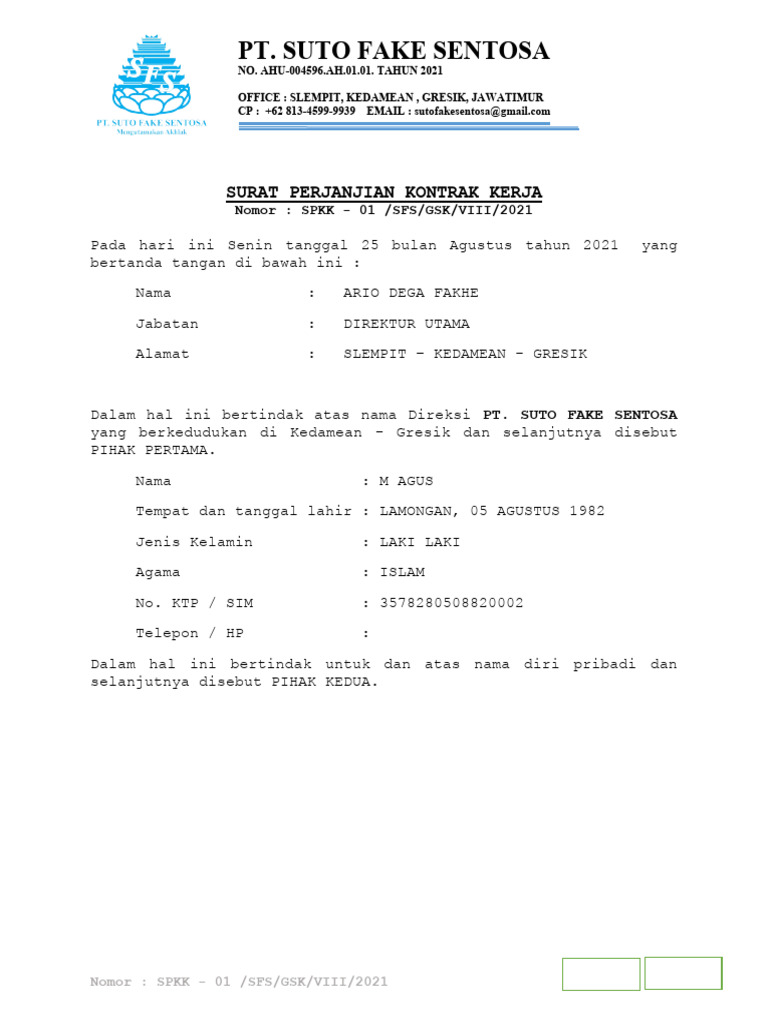Surat Perjanjian Kontrak Kerja SFS | PDF