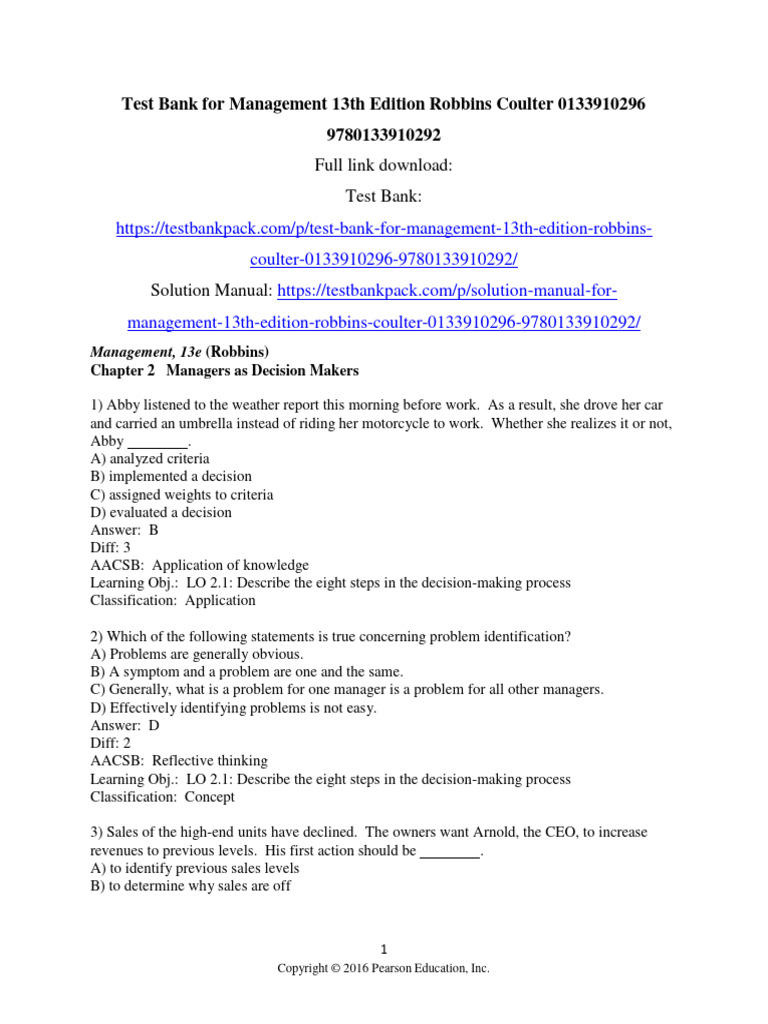 Test Bank For Management 13th Edition Robbins Coulter 0133910296 ...