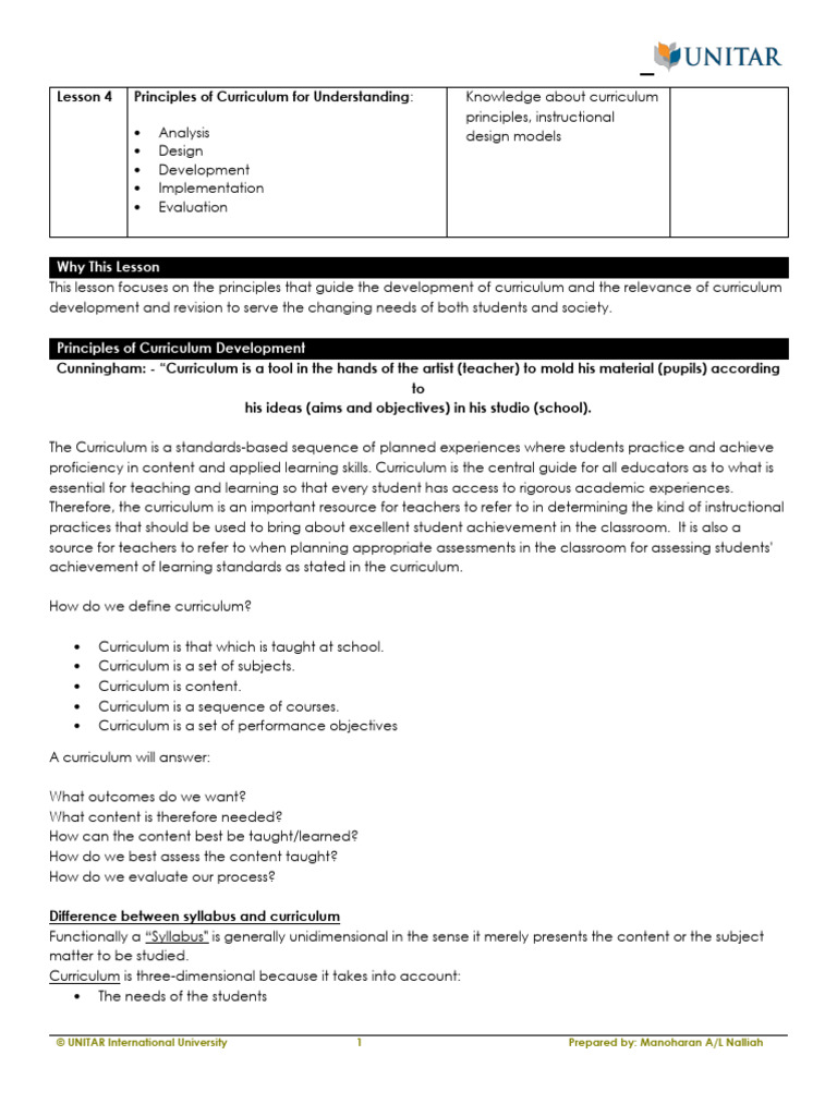 Lesson 4 Principles of Curriculum For Understanding | PDF | Curriculum ...