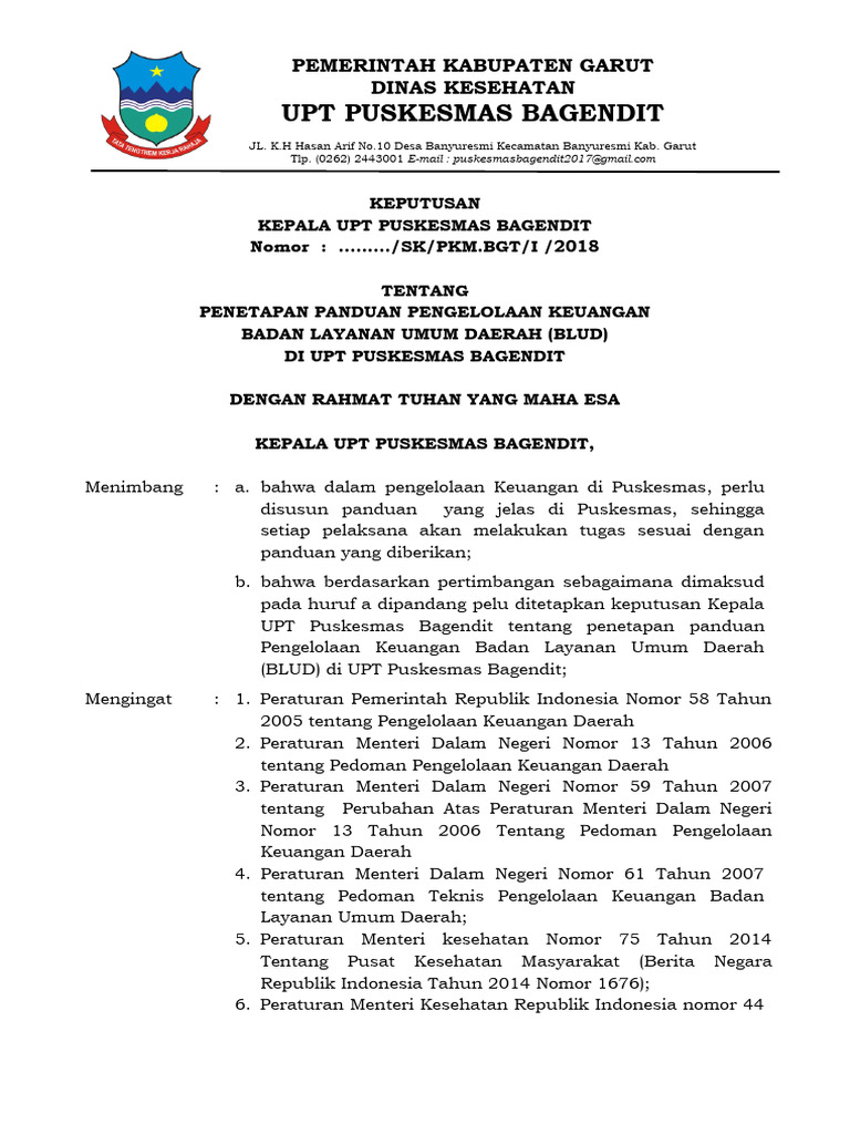 SK Penetapan Panduan Keuangan Blud PKM Bagendit Tahun 2018 | PDF