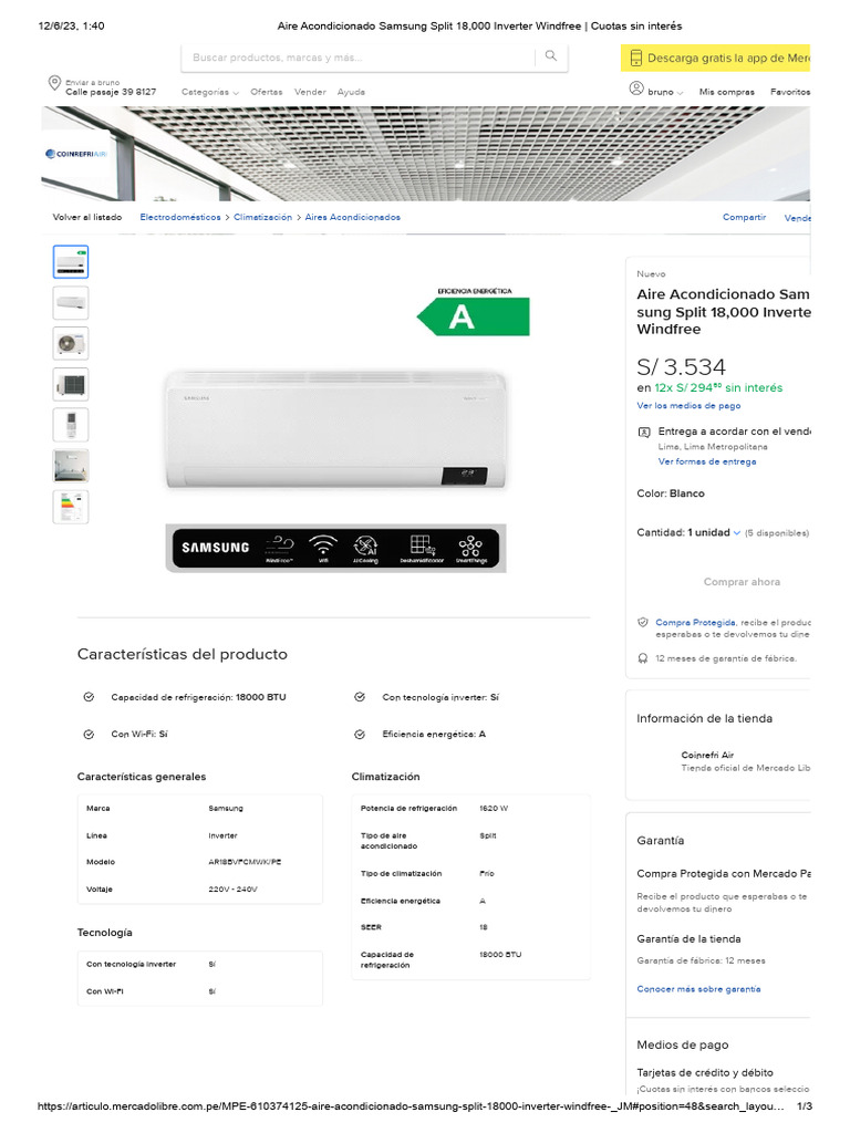 Aire Acondicionado Samsung Split 18,000 Inverter Windfree - Cuotas Sin Interés | PDF