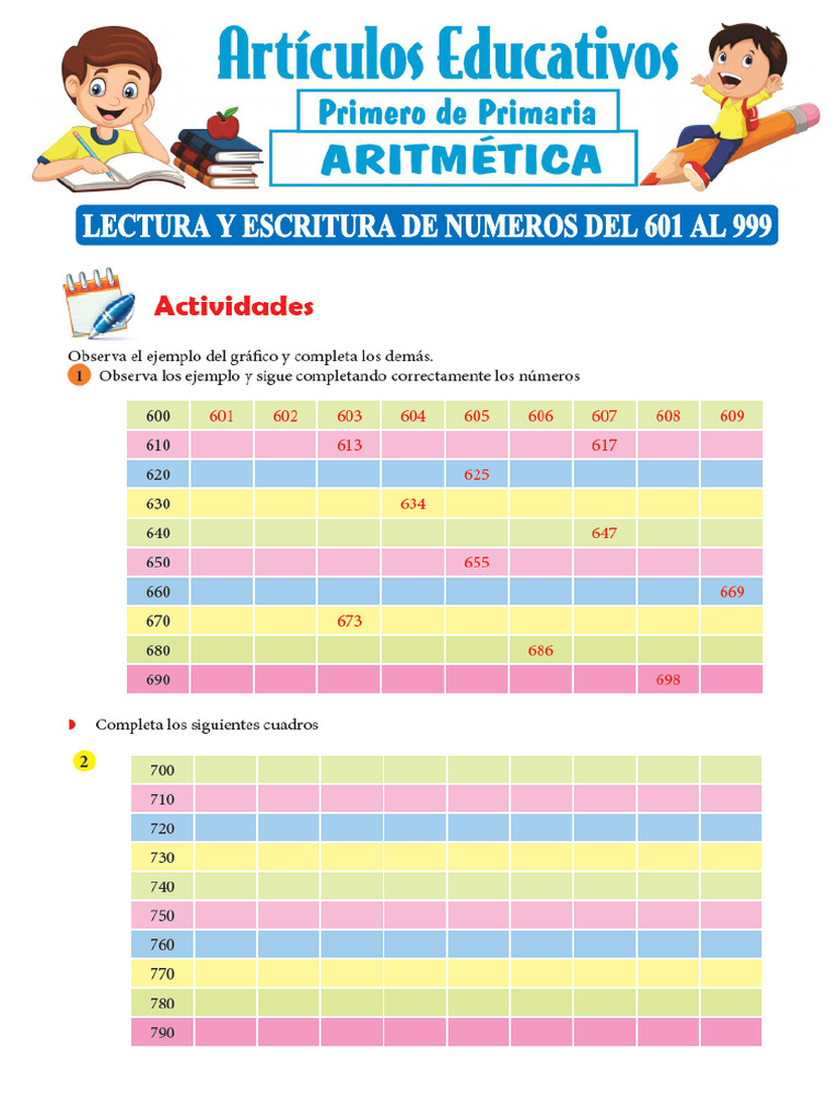 Lectura y Escritura de Numeros Del 601 Al 999 para Primero de Primaria ...