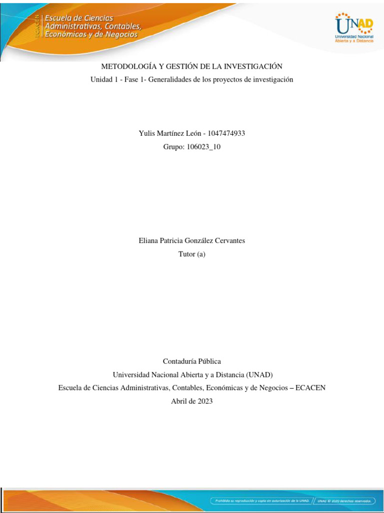 Unidad 1 - Fase 1 - Generalidades de Los Proyectos de Investigación - Yulis - Martinez - Leon ...