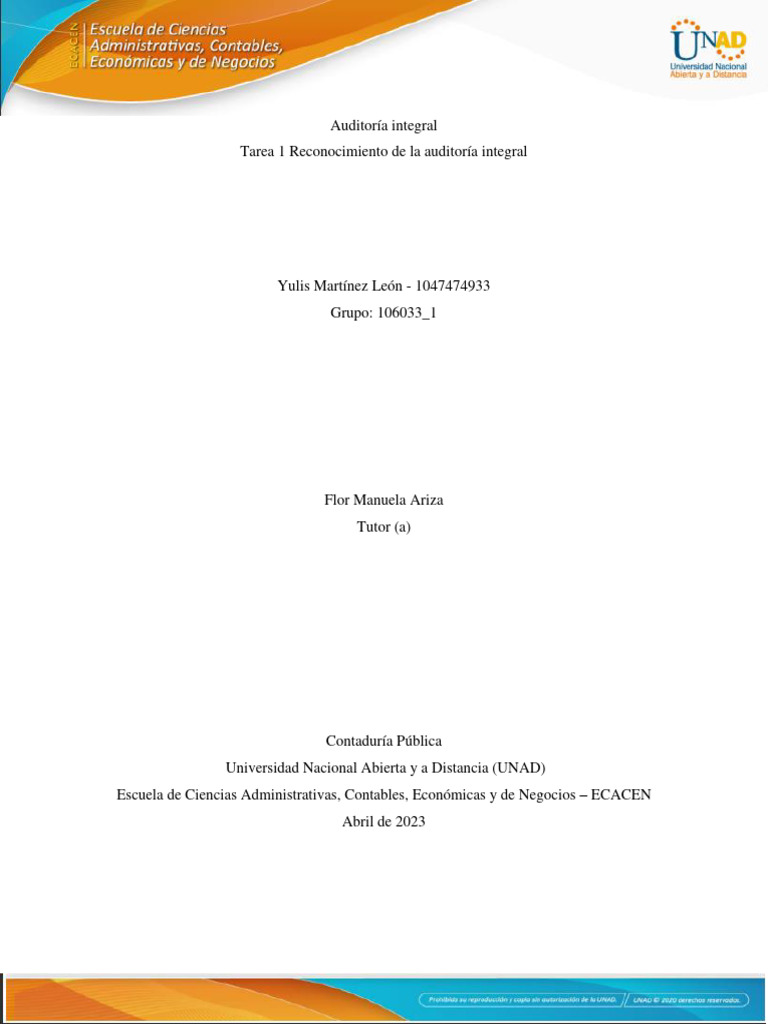 Tarea 1 Reconocimiento de La Auditoría Integral - Yulis - Martinez - Leon - 106033 - 1 | PDF