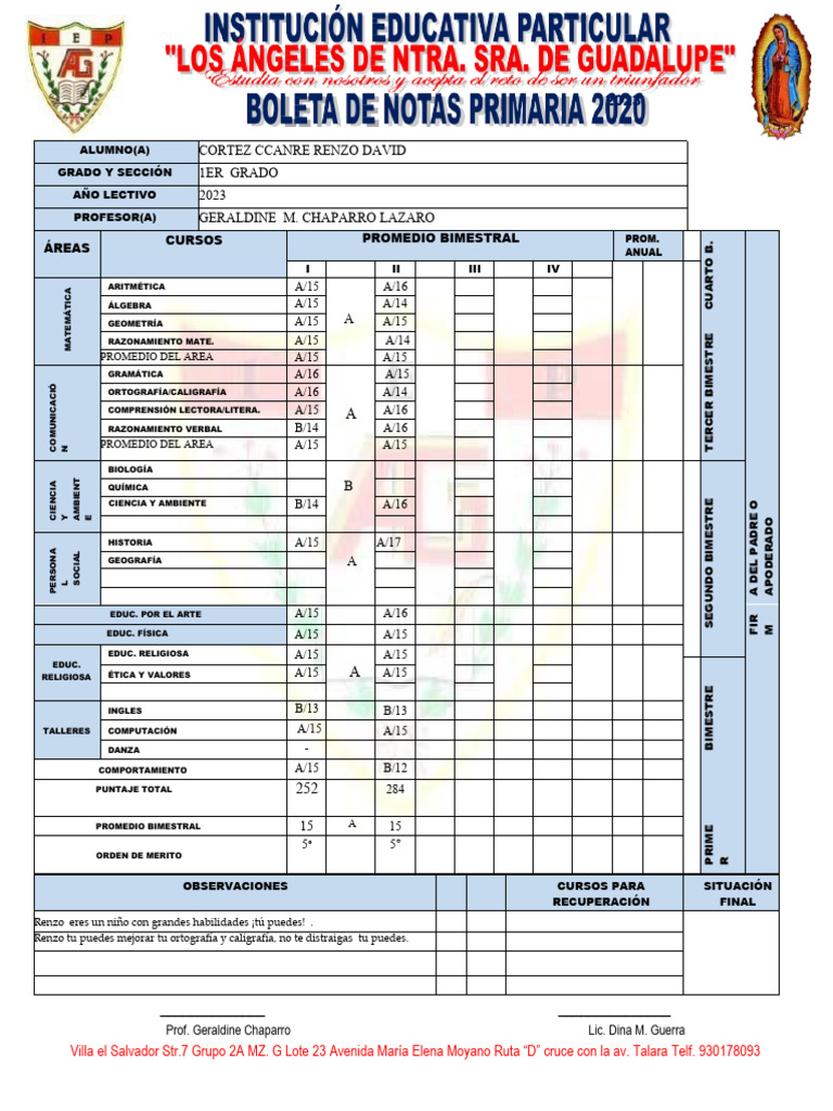 2023 BOLETA DE NOTAS Primer Grado Mis Geraldines Segundo Bimestre | PDF
