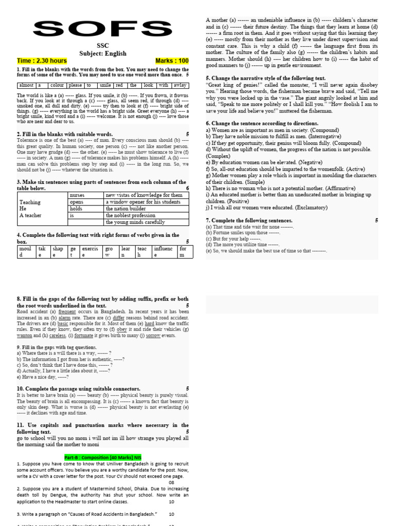 SSC English 2nd Paper Model Questions | PDF