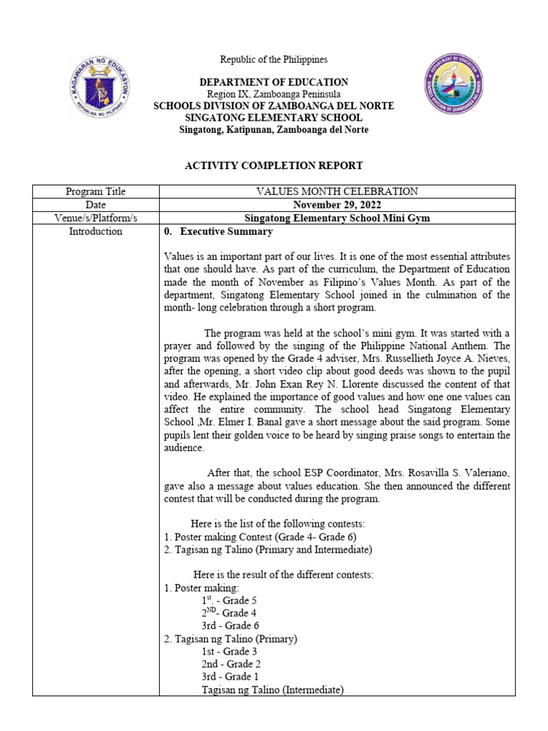 Acr - Singatong - Values Month | PDF | Philippines