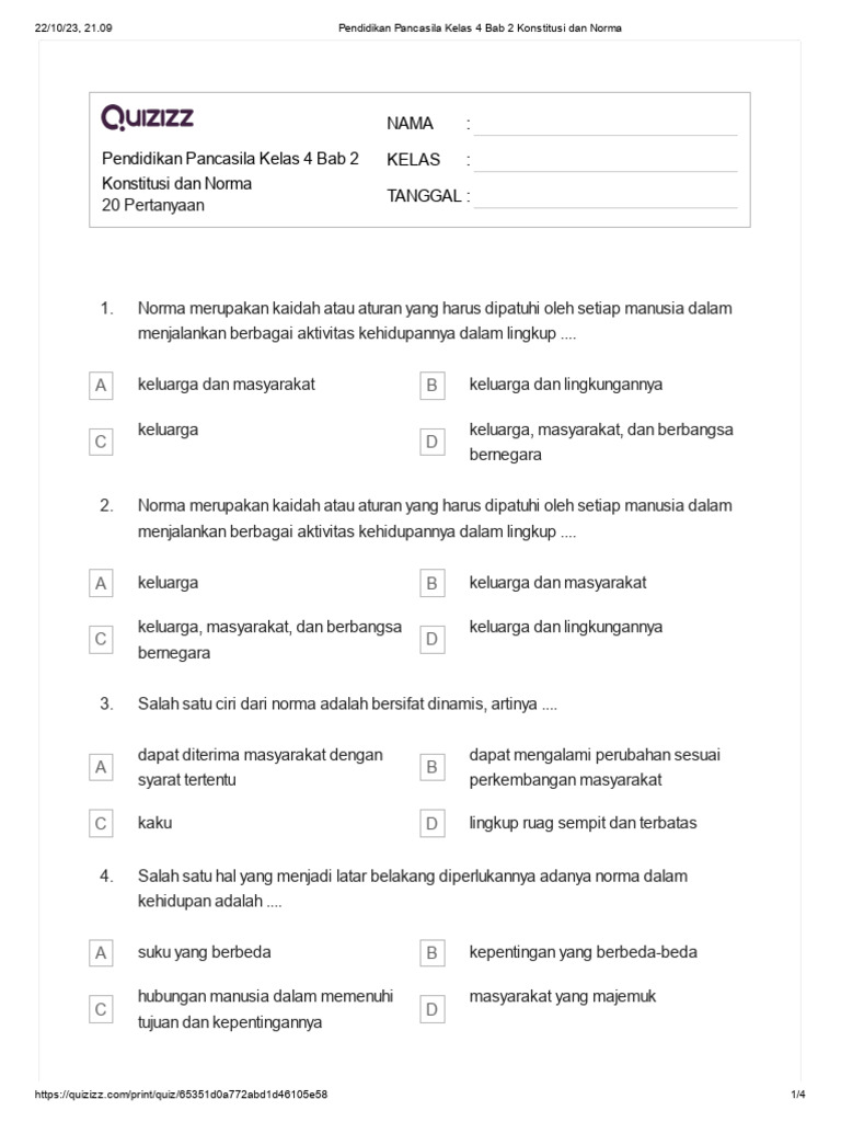 Soal Latihan Pendidikan Pancasila Kelas 4 Bab 2 Konstitusi Dan Norma | PDF
