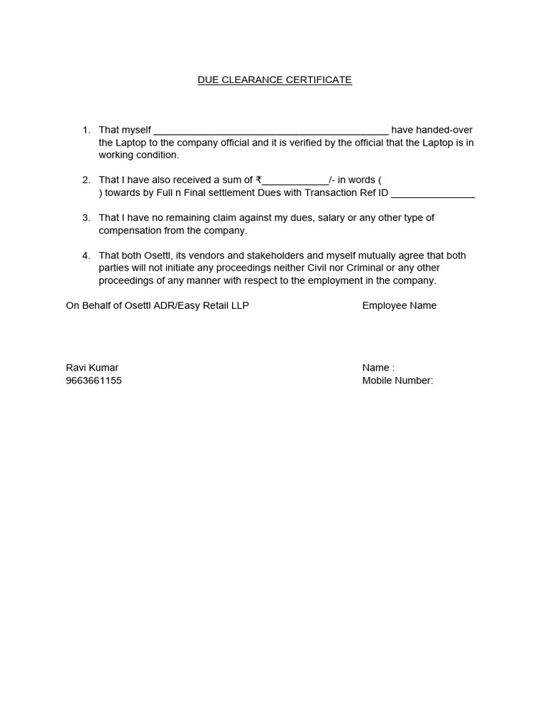 Osettl - Due Clearance Certificate | PDF
