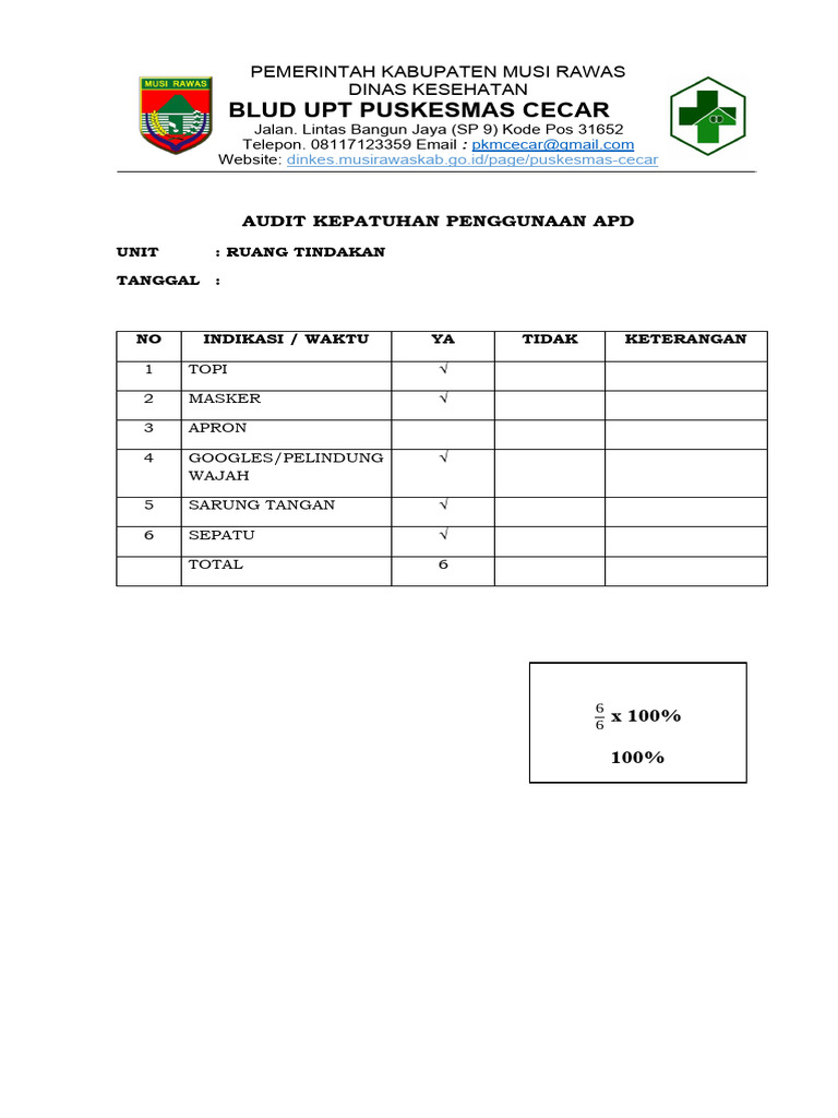 Audit Kepatuhan APD Puskesmas | PDF