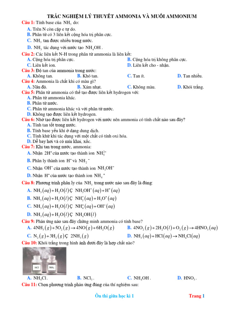 Trac Nghiem Ly Thuyet Ammonia Va Muoi Ammonium Hoa 11 Hay | PDF