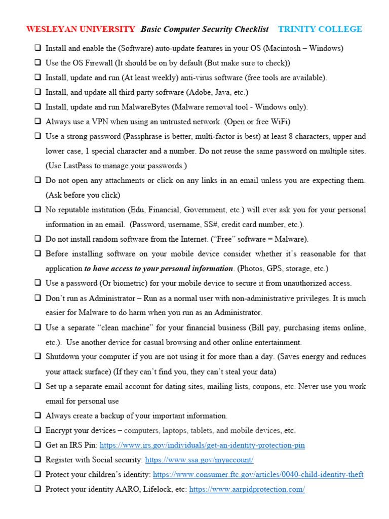 Basic Computer Security Checklist | PDF