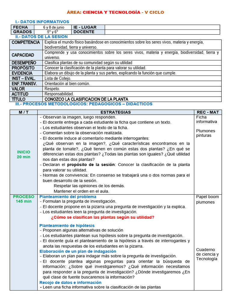 1 Ciencia - Clasif Planta - Sesion | PDF