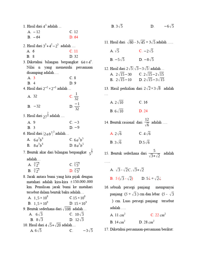 SOAL PAS MTK 9 Ganjil 2022-2023 Kunci 2 | PDF