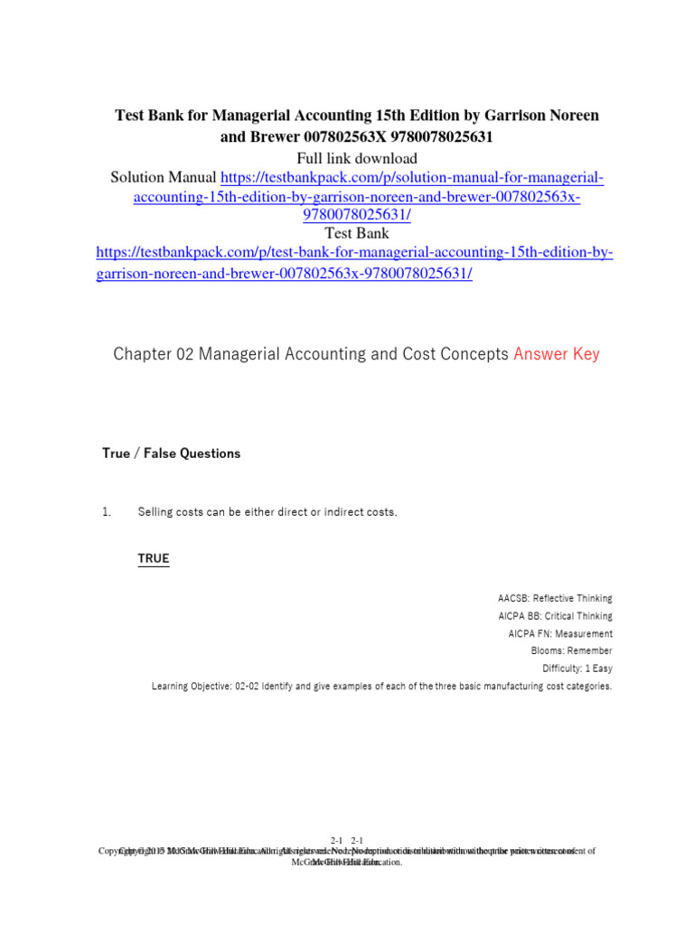 Test Bank For Managerial Accounting 15th Edition by Garrison Noreen and ...