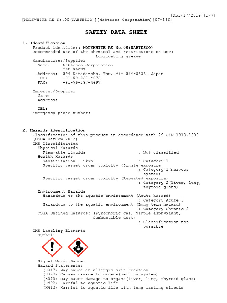 Msds Molywhite Re No 00 2019 Pdf