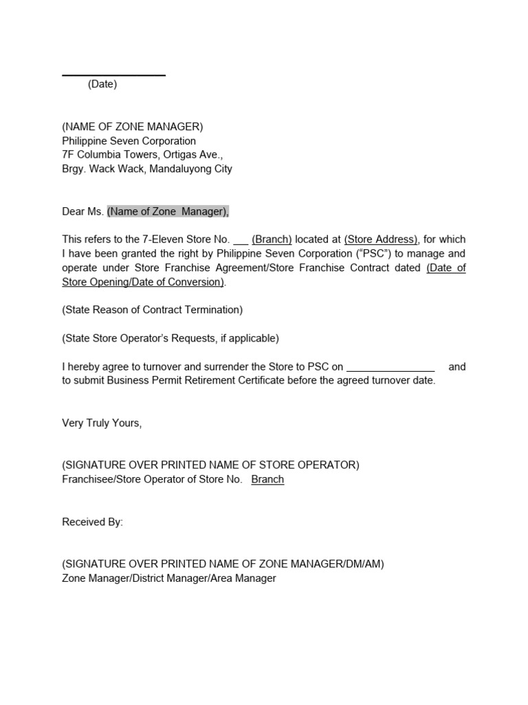 Letter of Intent To Terminate The Franchise Contract | PDF