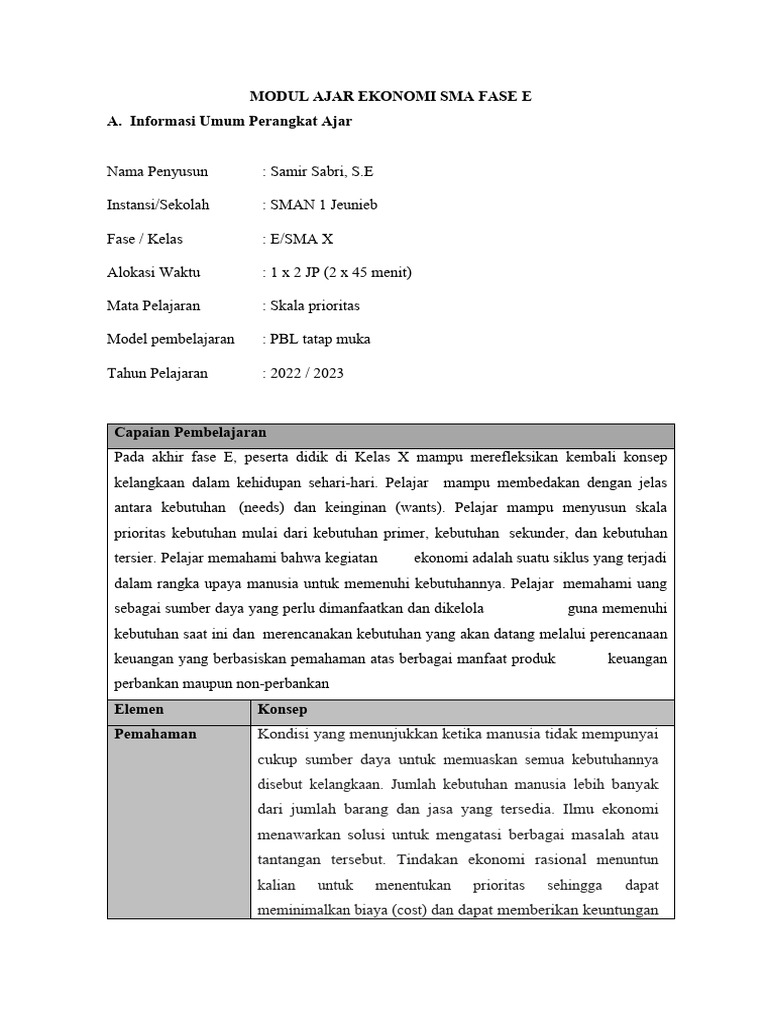 Modul Ajar Ekonomi Sma Fase e Skala Prioritas | PDF