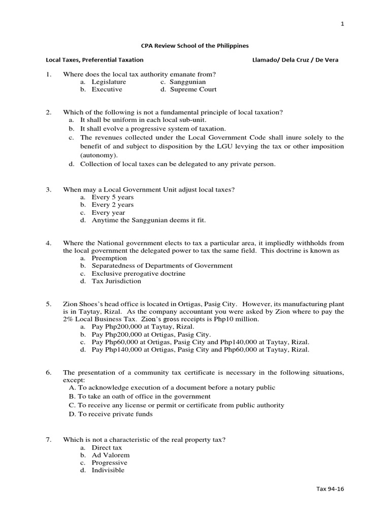 Local Taxation Sample Questions | PDF
