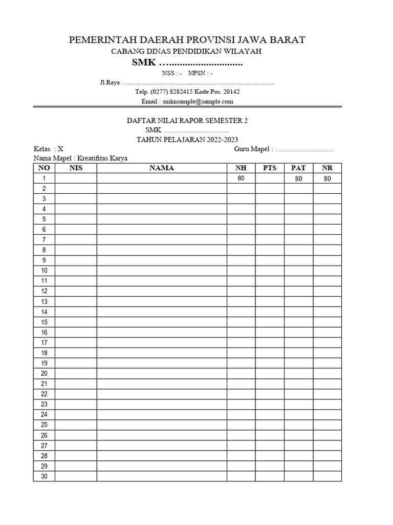 Contoh Format Nilai Rapor Semester 2 | PDF