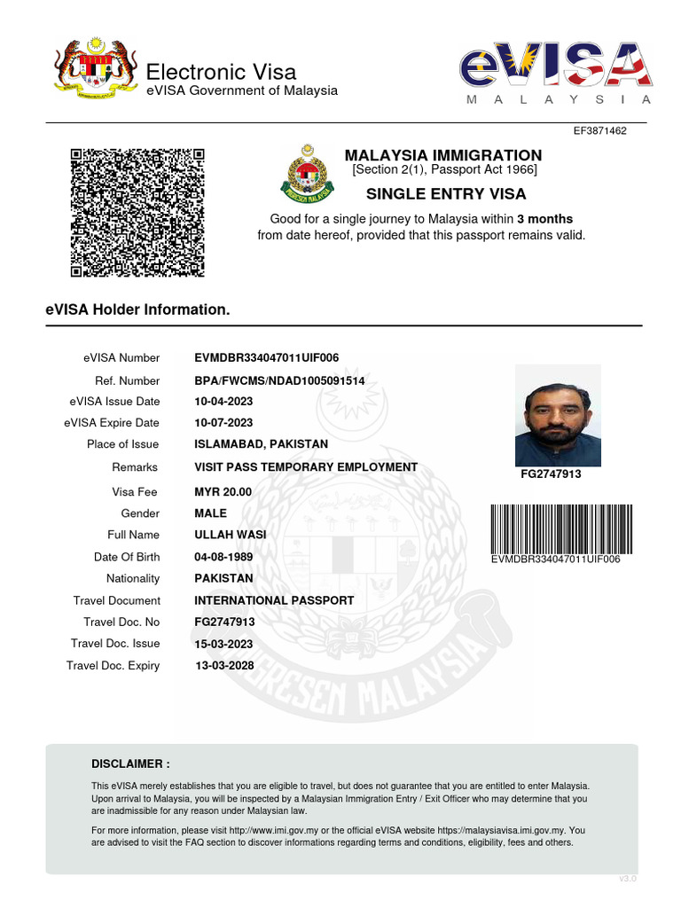 Malaysia EVISA Certificate - ULLAH WASI | PDF