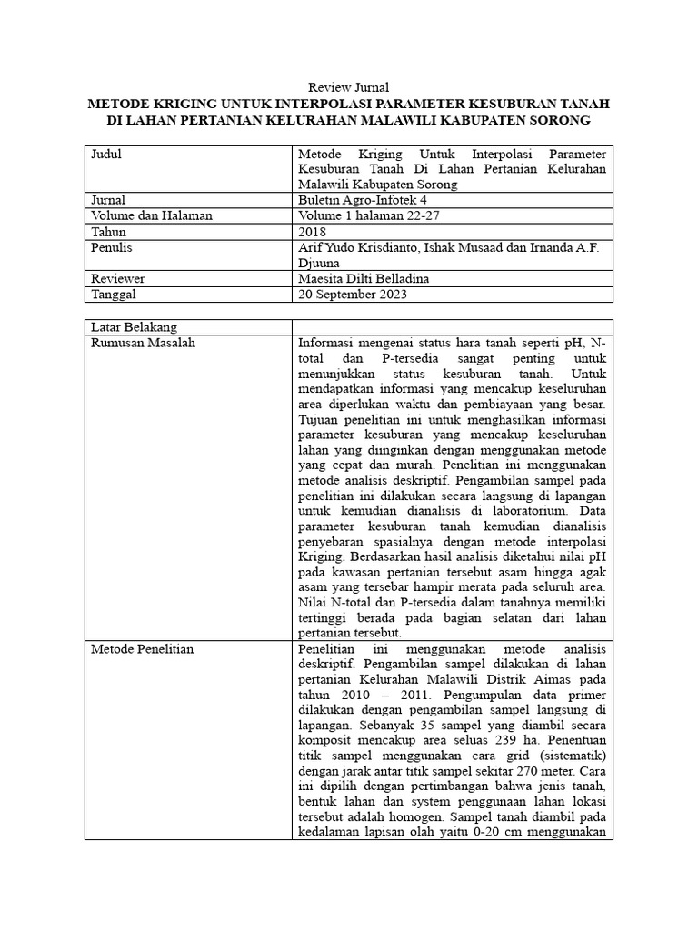 Review Jurnal Penerapan Metode Ordinary Kriging Pada Penduga Kadar NO2 Di Udara Oleh Maesita | PDF