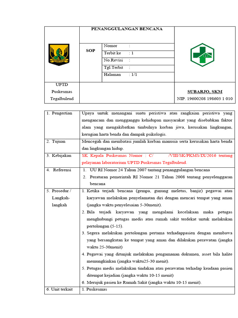 Sop Penanggulangan Bencana 1 | PDF