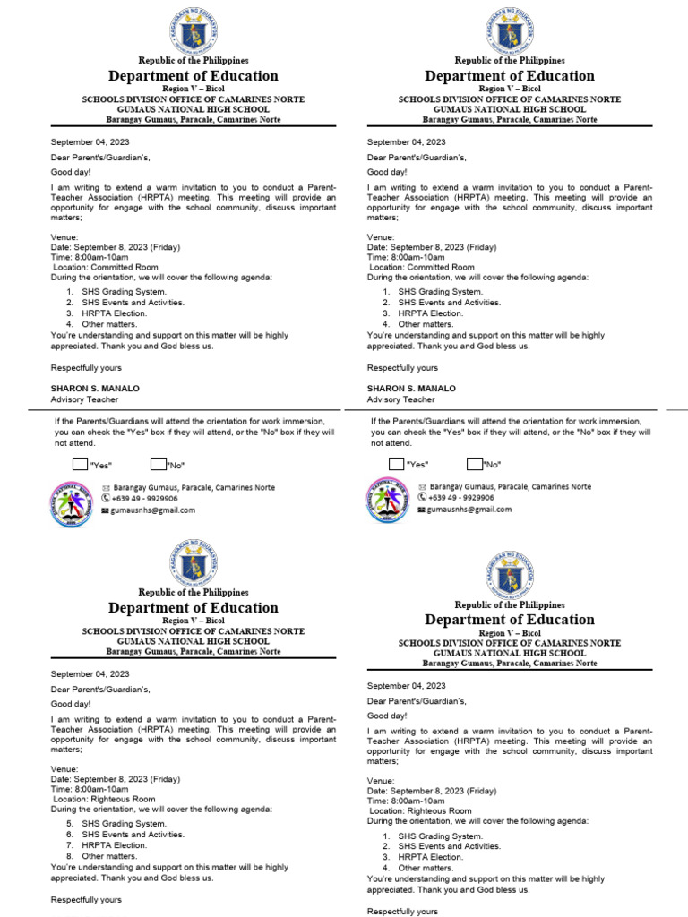 Letter To Conduct Meeting To Parents | PDF