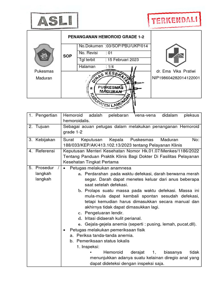 Sop Penanganan Hemoroid Grade 1-2 14 | PDF