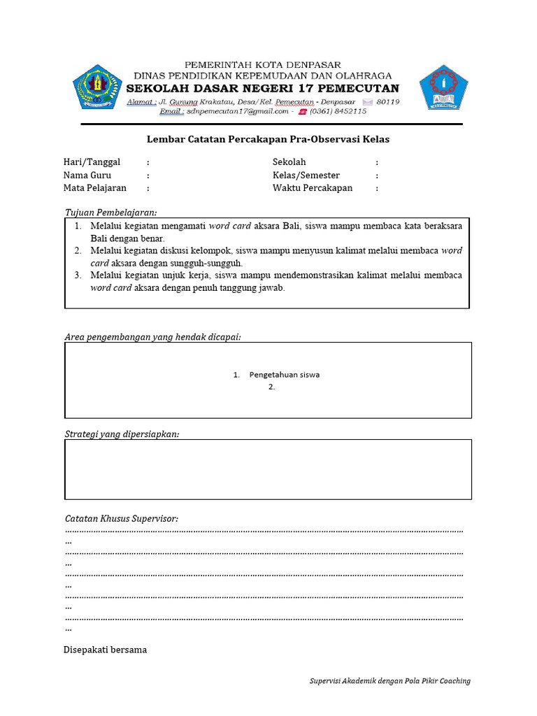 Lembar Catatan Supervisi (PraObservasi, Observasi, Dan Pasca Observasi) | PDF | Karier ...