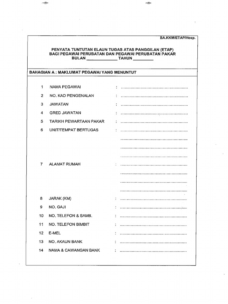 Borang ETAP Hospital | PDF