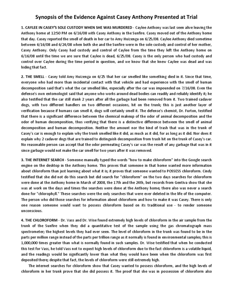 Synopsis of Evidence Against Casey Anthony | PDF | Odor | Chloroform