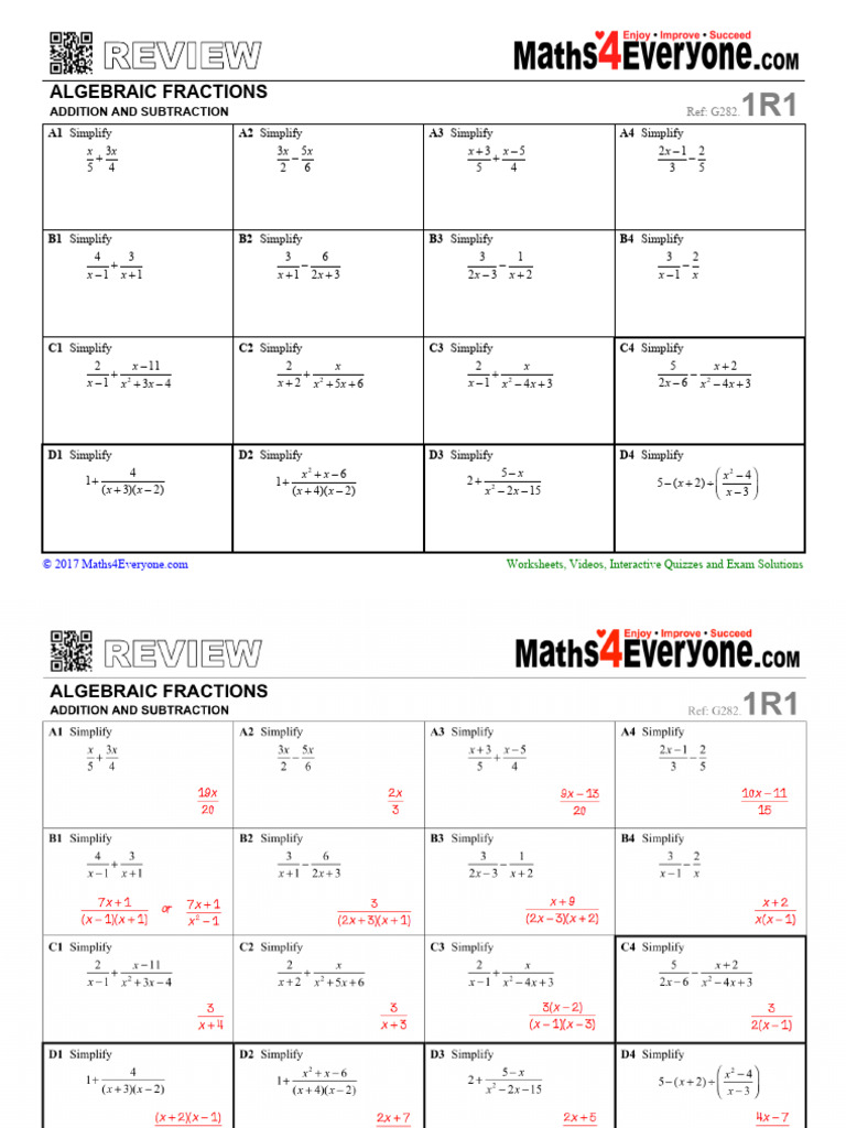 Algebraic Fractions Worksheet | PDF