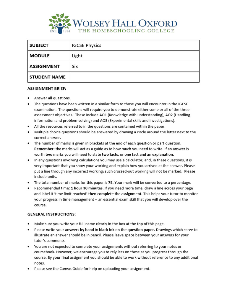 IGCSE Physics Light Assignment 6 | PDF