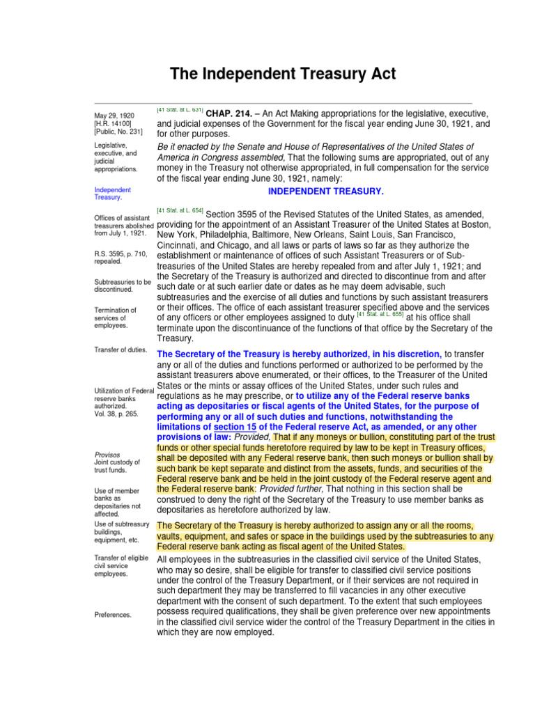 Independent Treasury Act 1920 | PDF