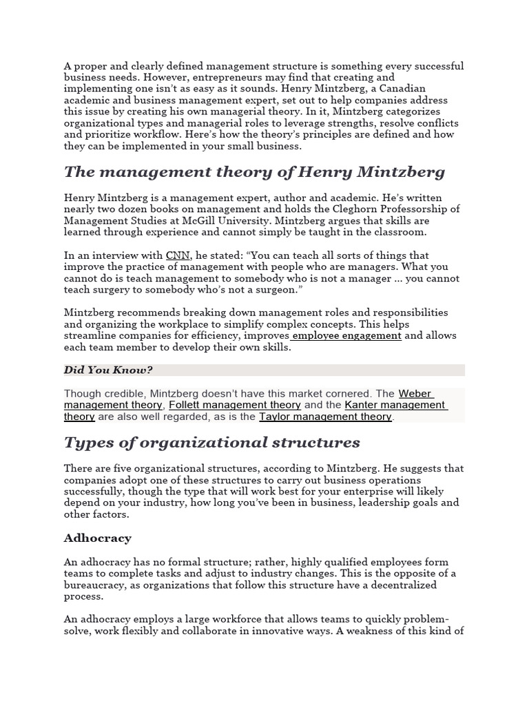 Mintzberg Management Theory | PDF