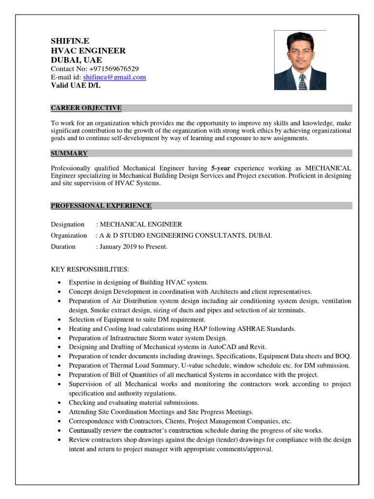 Shifin E - HVAC Enginner CV | PDF | Engineering