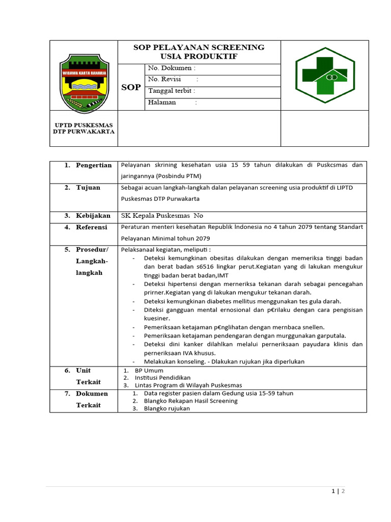 SOP PELAYANAN Screening Usia Produktif | PDF