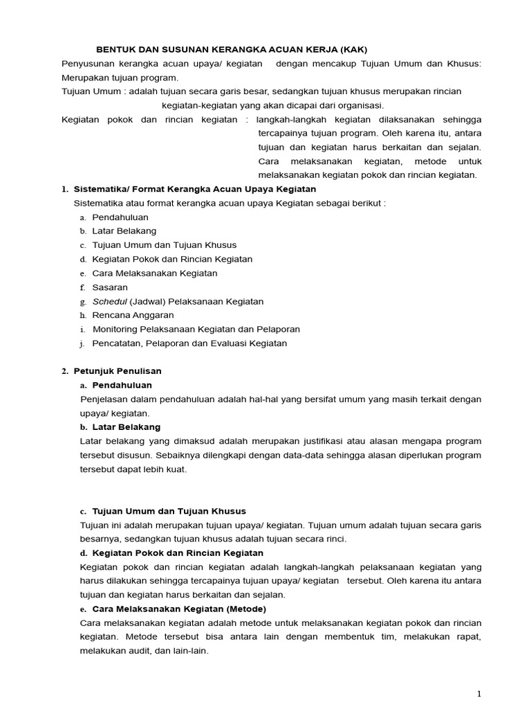 Bentuk Dan Susunan Kerangka Acuan Kerja (Kak) | PDF