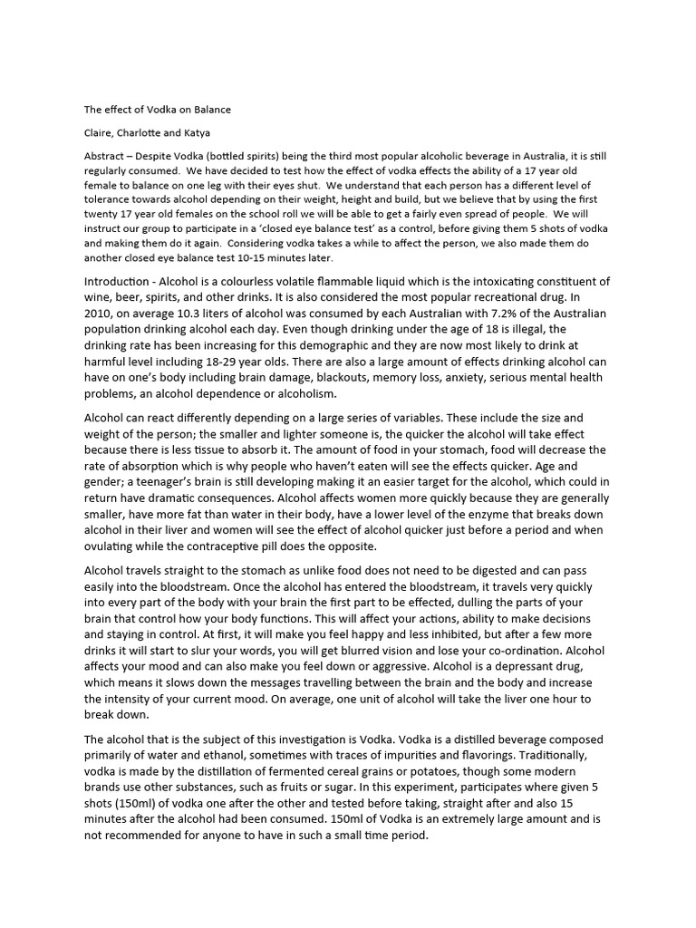 Exemplar The Effect of Vodka On Balance | PDF | Alcoholic Beverages | Alcoholism