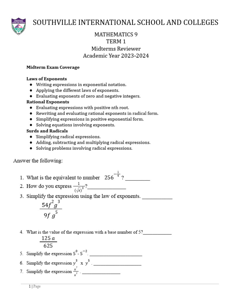 T1 - Midterm Reviewer A.Y. 23-24 | PDF | Exponentiation | Mathematical Concepts