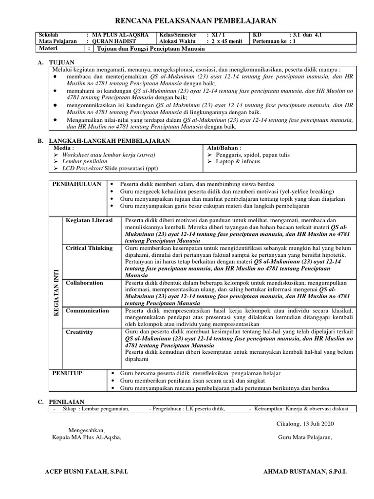 06 RPP 1 Lembar Qurdis Kelas 11 KD 01 | PDF