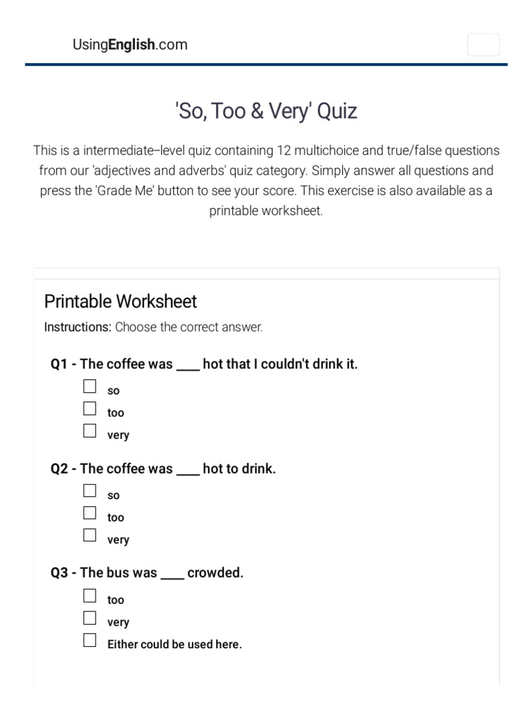 'So, Too & Very' Quiz - Exercise & Worksheet | PDF
