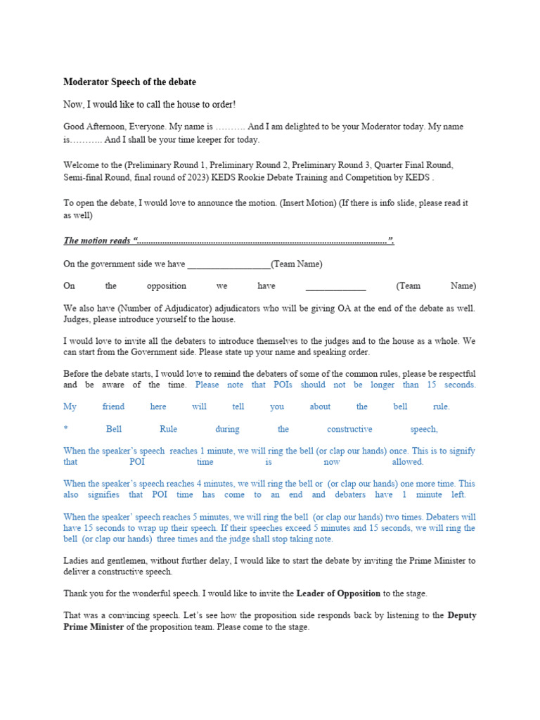 Moderator of Debate Script | PDF