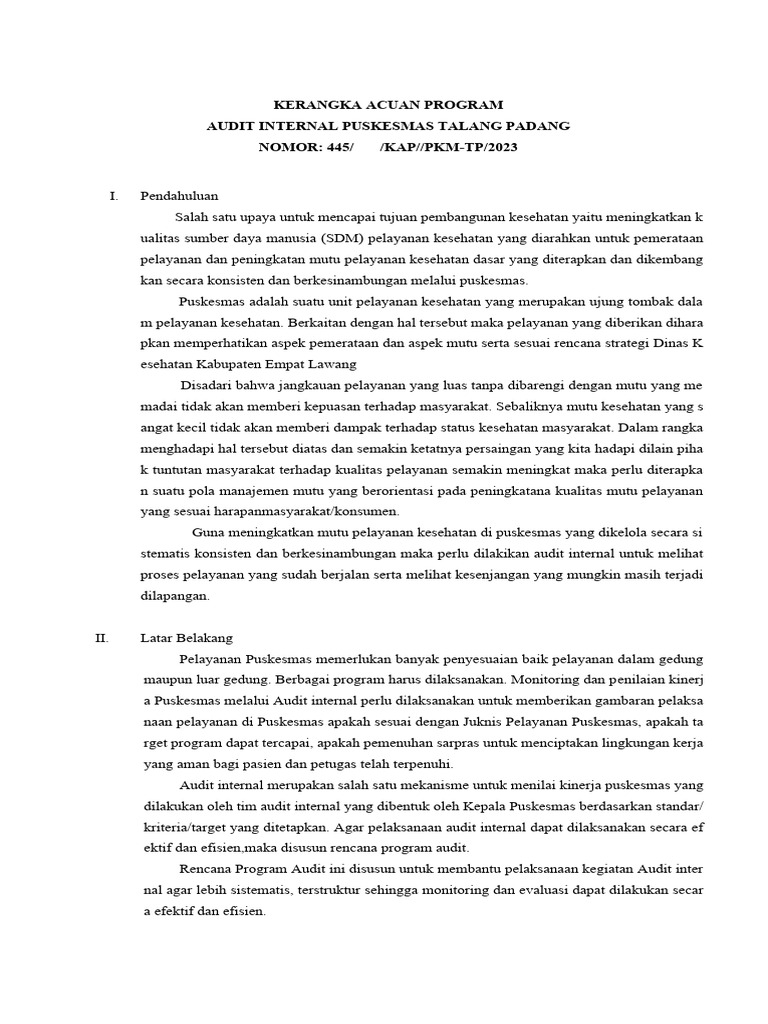 Audit Internal Puskesmas Talang Padang | PDF