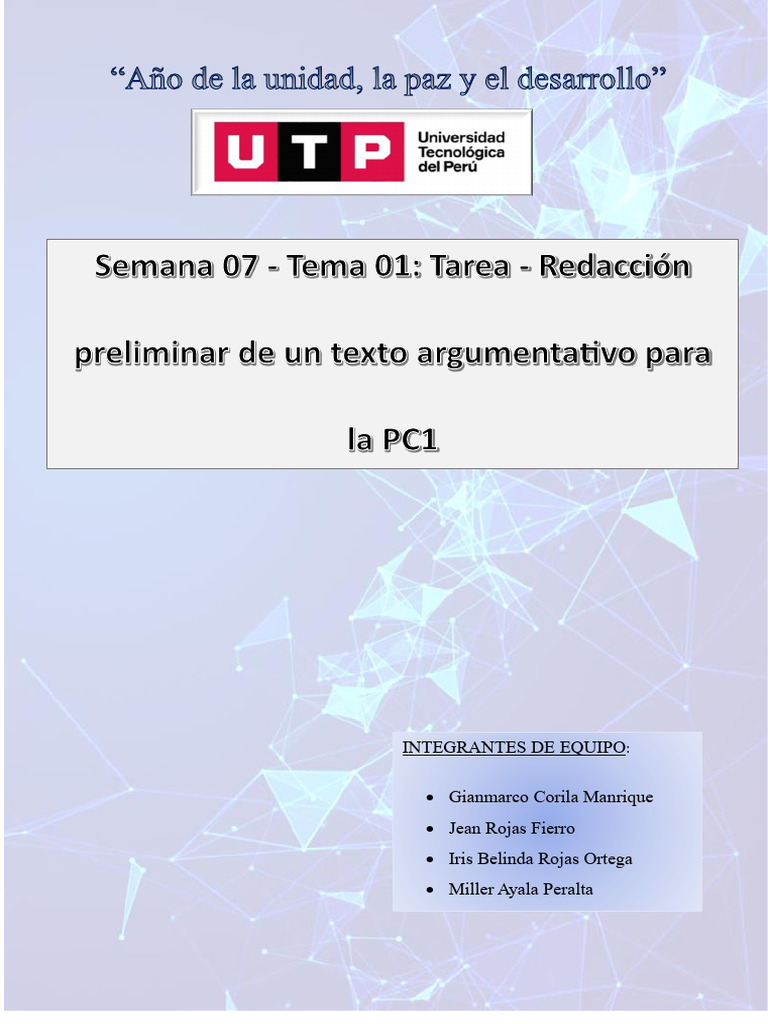 Semana 07 - Tema 01 Tarea - Redacción Preliminar de Un Texto Argumentativo para La PC1 | PDF