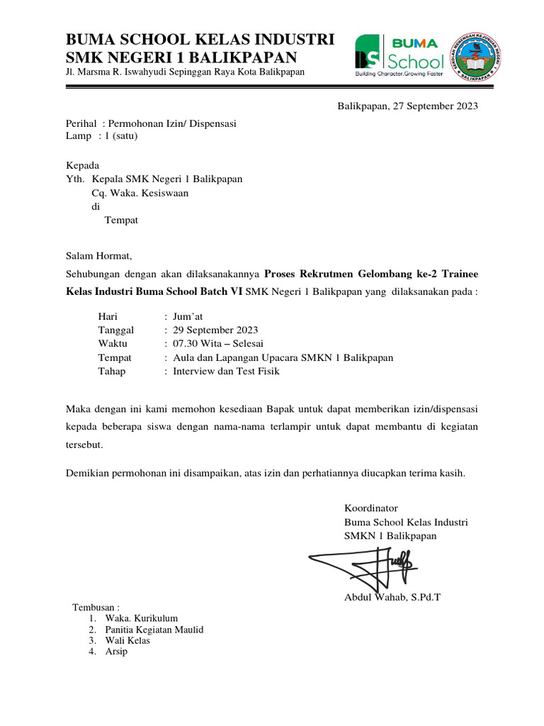 Permohonan Dispensasi Assist Rekrutmen Buma School VI | PDF
