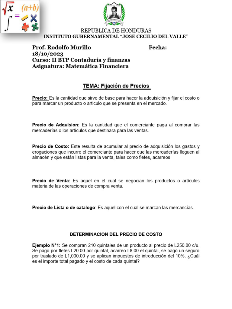 Matematica Financiera Fijacion de Precios Prof - Rodolfo Murillo | PDF