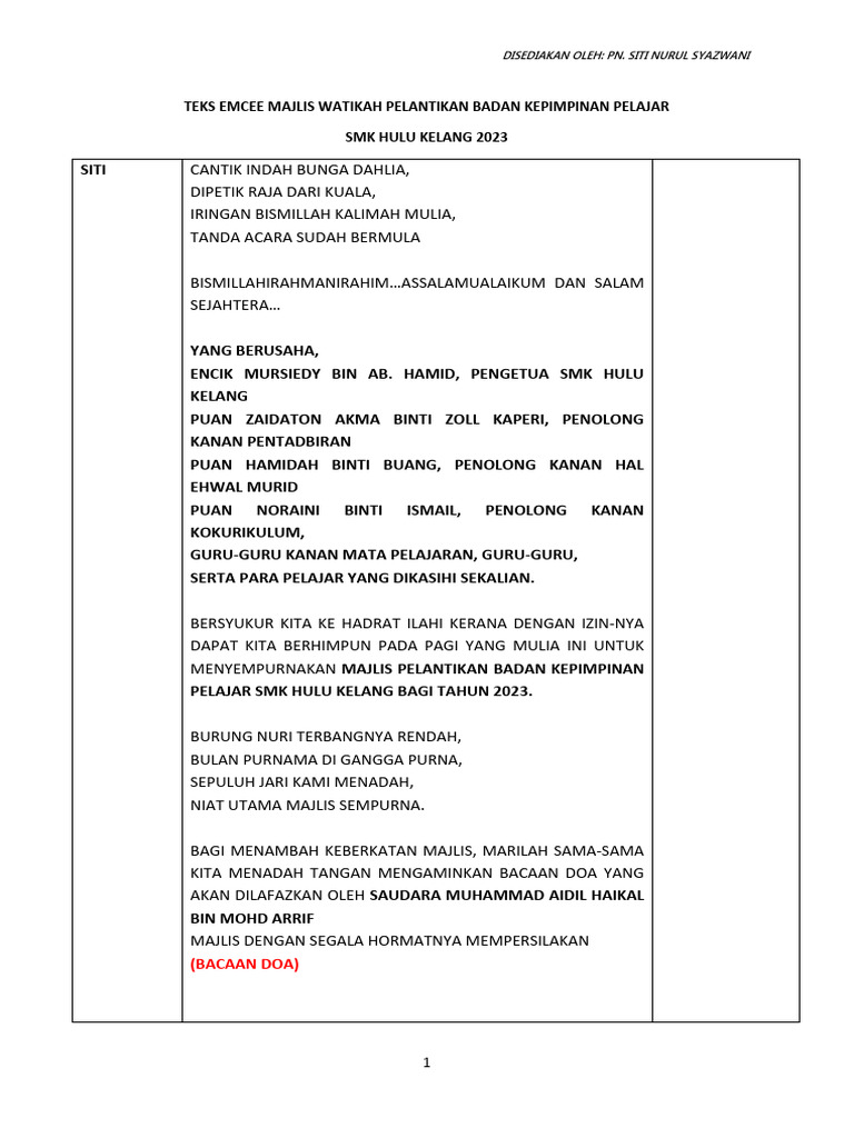 Teks Emcee Majlis Watikah Pelantikan Badan Kepimpinan Pelajar | PDF